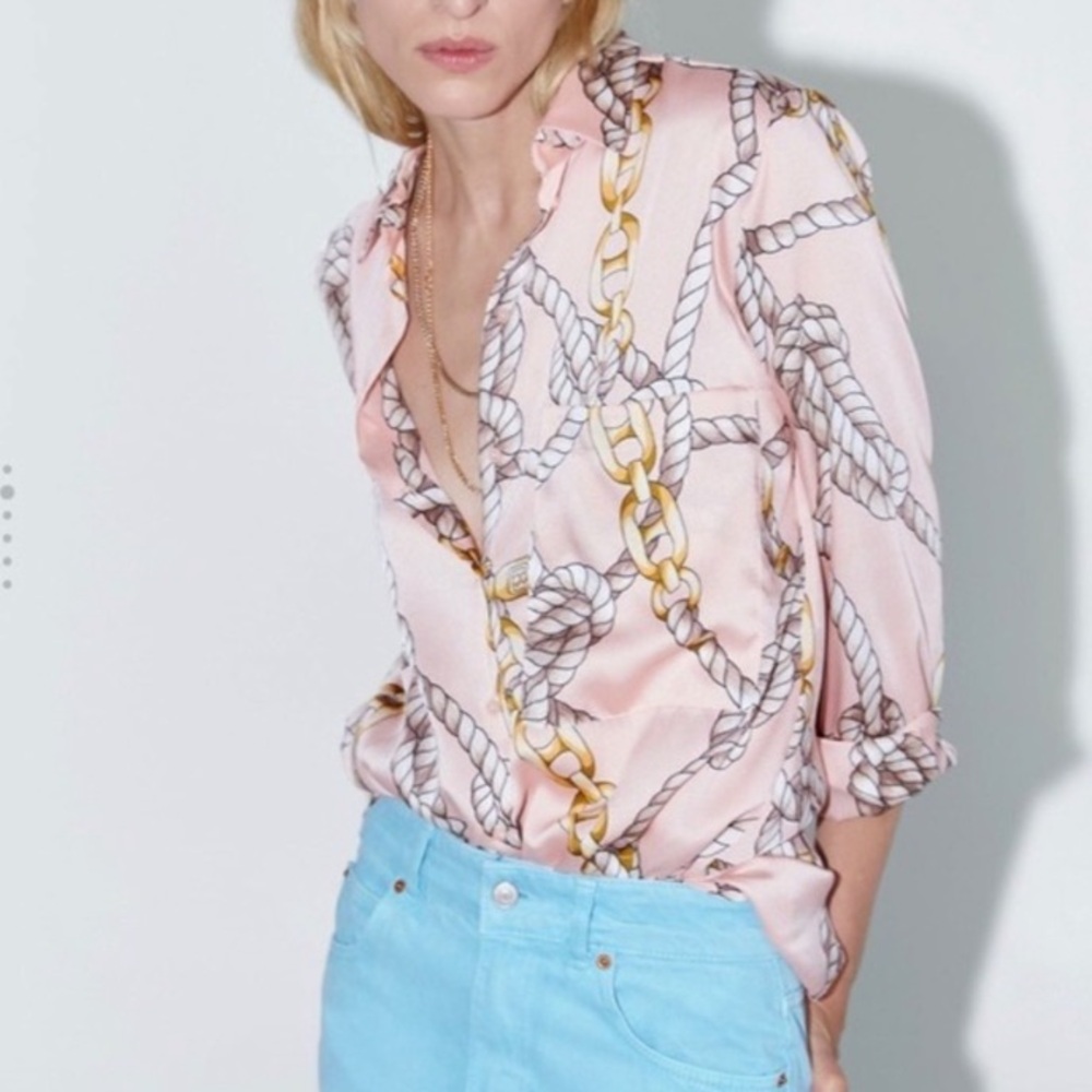 Zara Satin Pink Chain Rope Scarf Print Button Down Sh… - Gem